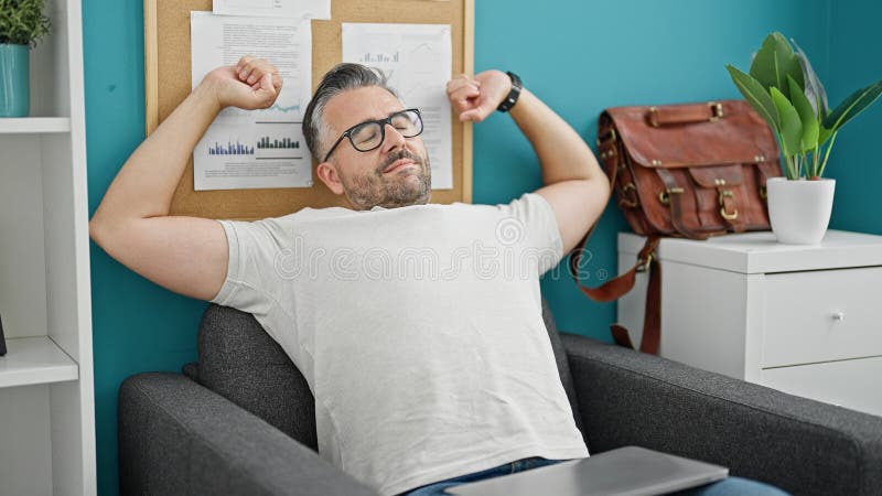 Grey-haired Man Business Worker Tired Stretching Arms at the Office ...