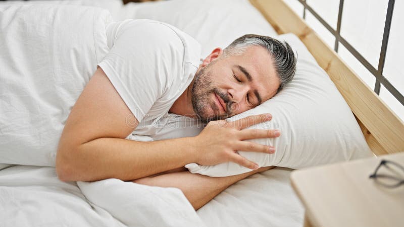Grey-haired Man Lying on Bed Sleeping at Bedroom Stock Image - Image of ...
