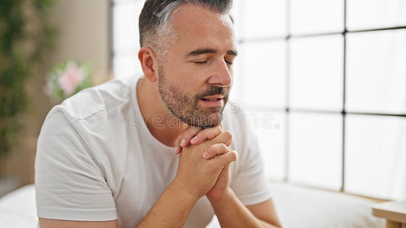 Grey-haired Man Praying Sitting on Bed at Bedroom Stock Image - Image ...