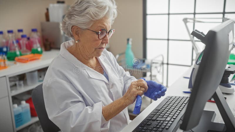 A Grey-haired Woman Wearing Lab Coat and Gloves Works at a Computer in ...