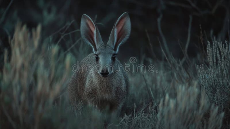 Grey Hare in Dark Grassland at Night Stock Illustration - Illustration ...