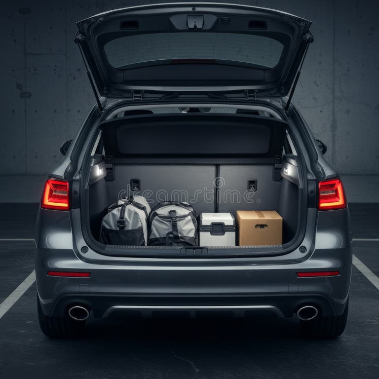 Grey Hatchback Car Trunk Open Showing Cargo Space in Dark Garage Stock ...