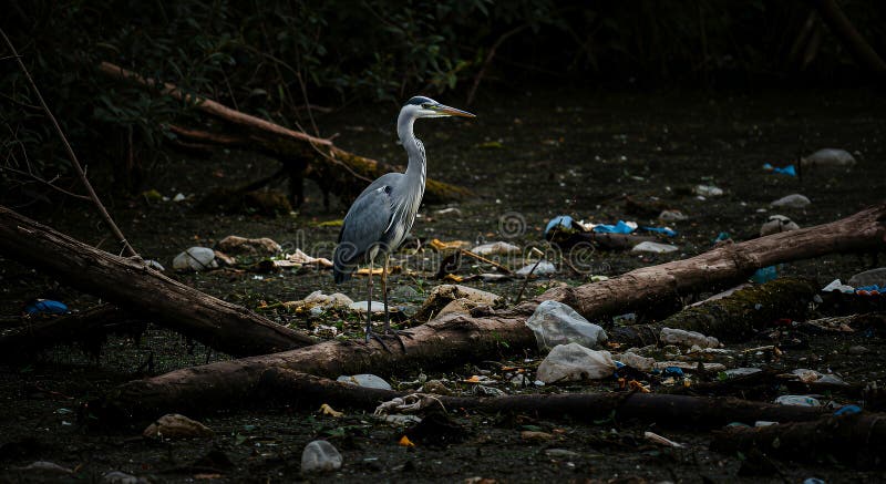 Grey Heron Standing in Polluted Environment with Waste and Debris Stock ...