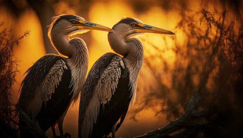Grey herons at sunset stock illustration. Illustration of white - 271439638