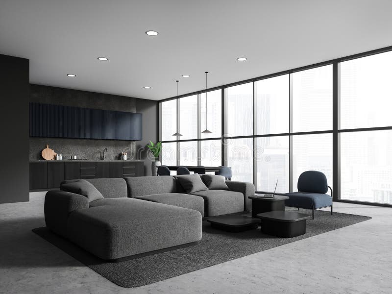 Grey Home Studio Interior with Relax and Dining Corner, Panoramic ...