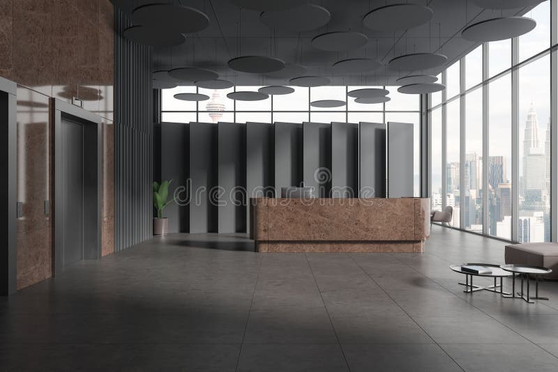 Grey Hotel Interior Lobby with Elevator and Reception Desk, Panoramic ...
