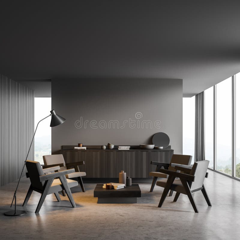 Grey Interior of a Panoramic Seating Area with Two Wall Partitions ...