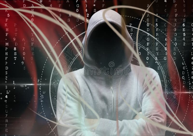 Grey Jumper Hacker with His Hands Folded. Red Lights and Binary Code ...