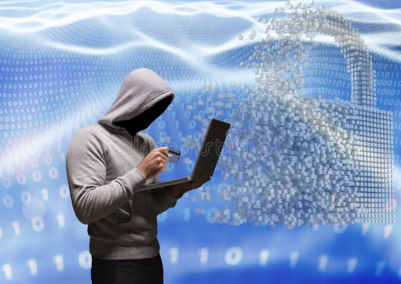 Grey Jumper Hacker with Out Face with the Credit Card and Computer in ...