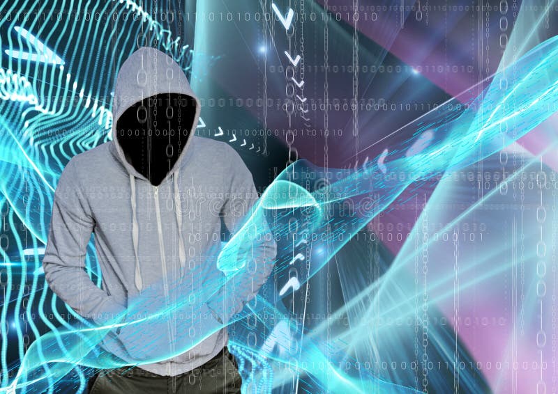 Grey Jumper Hacker with Out Face with His Hands on His Pockets, Blue ...