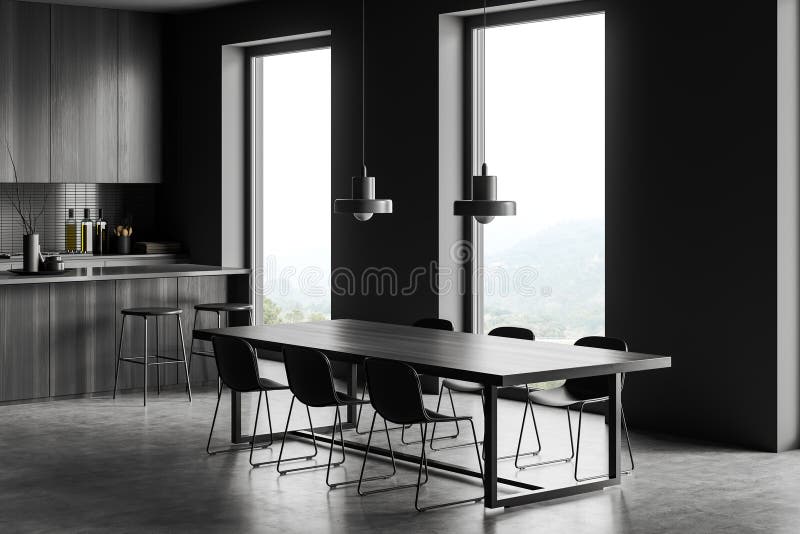 Grey Kitchen Interior with Bar Countertop and Dining Table Near ...