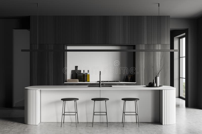 Grey Kitchen Interior with Bar Countertop and Seats, Panoramic Window ...