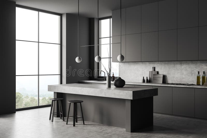 Grey Kitchen Interior with Bar Countertop and Seats, Panoramic Window ...