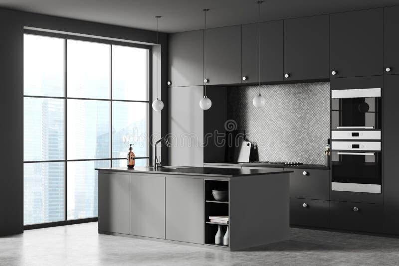 Grey Kitchen Interior with Bar Island and Cooking Zone with Kitchenware ...