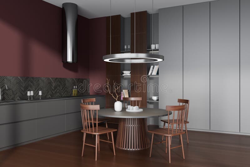 Grey Kitchen Interior with Cooking and Dining Corner with Kitchenware ...