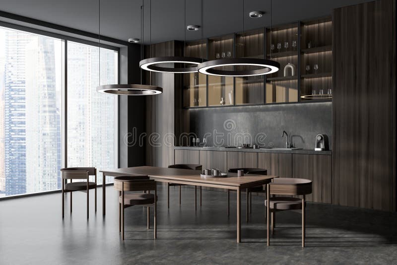 Grey Kitchen Interior with Dining Table and Cooking Area with Panoramic ...