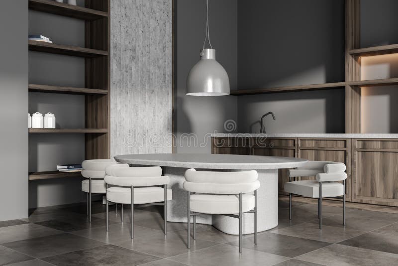 Grey Kitchen Interior with Eating and Cooking Corner, Shelf with Decor ...