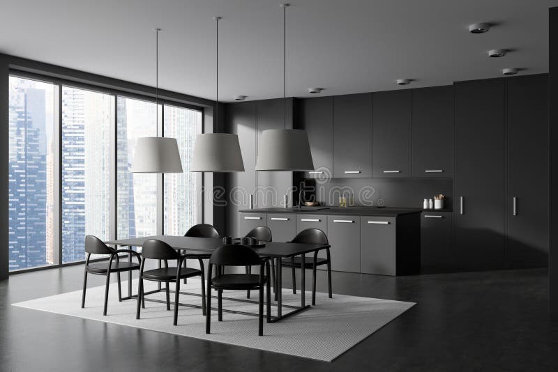 Grey Kitchen Interior with Eating Table and Chairs, Kitchenware and ...