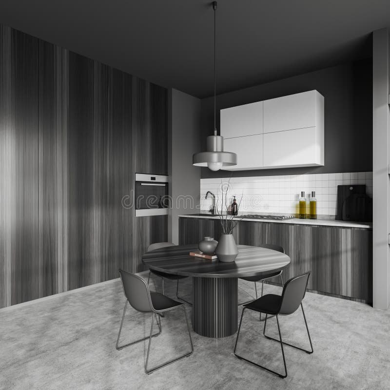 Grey Kitchen Interior with Eating Table, Cooking Corner. Empty Wall ...