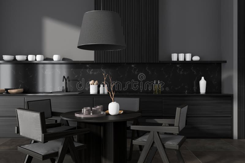 Grey Kitchen Interior with Eating Table and Kitchenware in Cooking Area ...