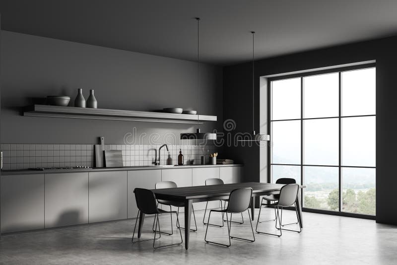 Grey Kitchen Interior with Seats and Eating Table on Grey Concrete ...