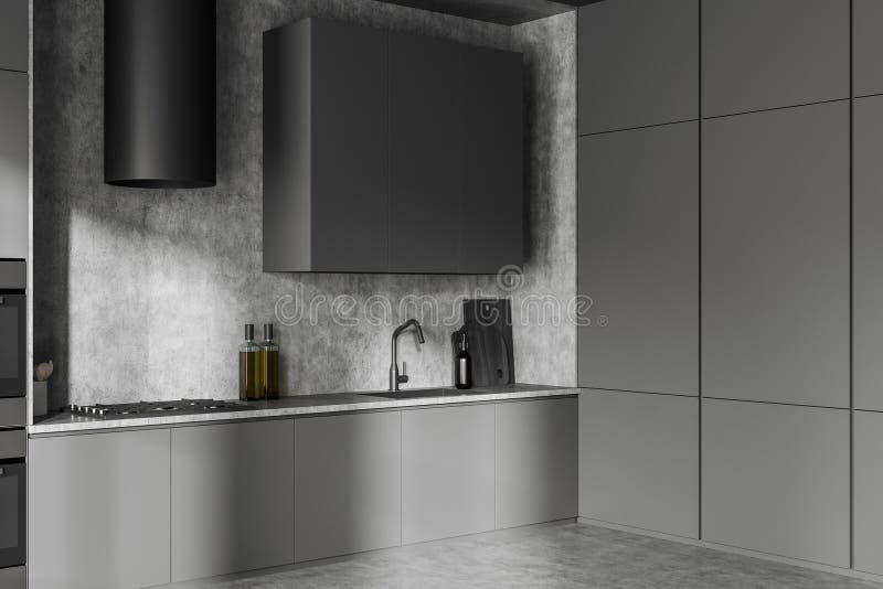 Grey Kitchen Interior with Shelves and Kitchenware, Cooking Corner ...