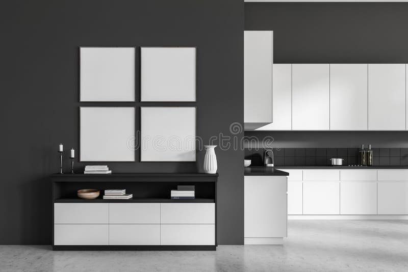 Grey Kitchen Interior with Sideboard and Cooking Area. Mockup Frames ...
