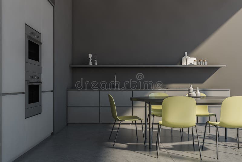 Grey Kitchen Interior with Table and Chairs, Grey Concrete Floor Stock ...