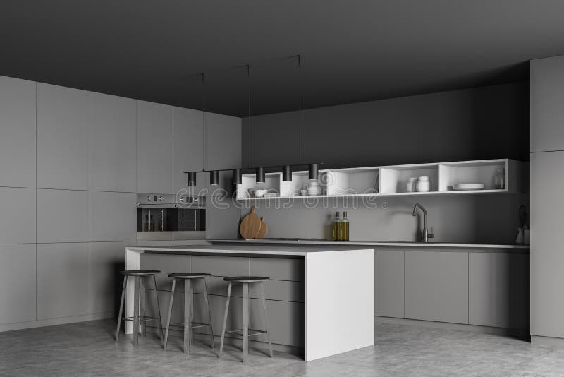 Grey Kitchen Interior with Table and Chairs, Concrete Floor Stock ...