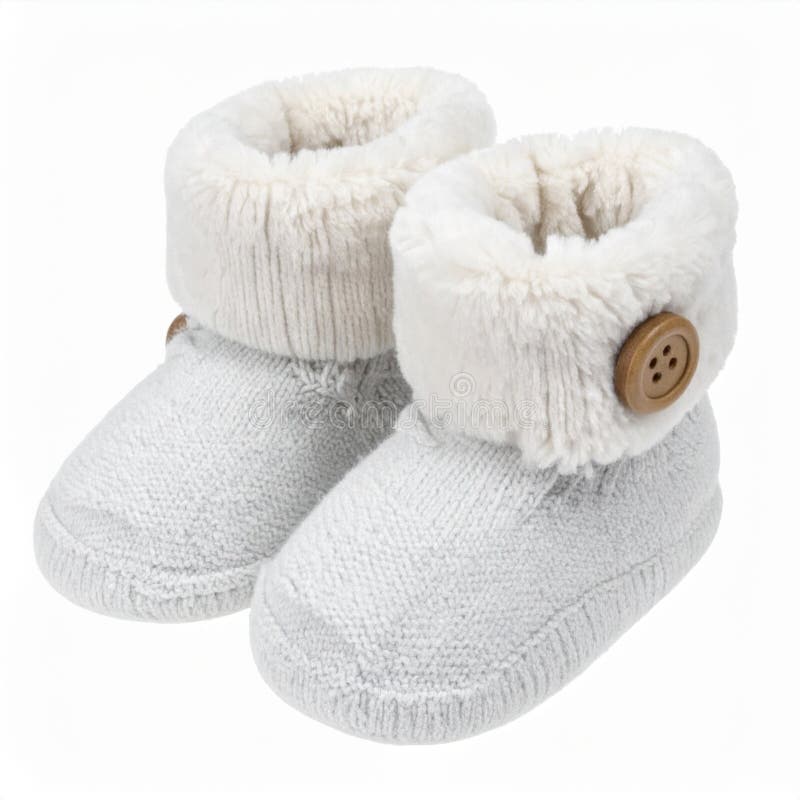 Grey Knit Baby Booties with Cream Cuff and Button Stock Illustration ...