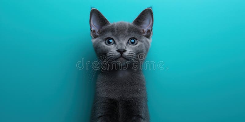 Grey Korat Cat with Striking Blue Eyes Sits Against Turquoise ...