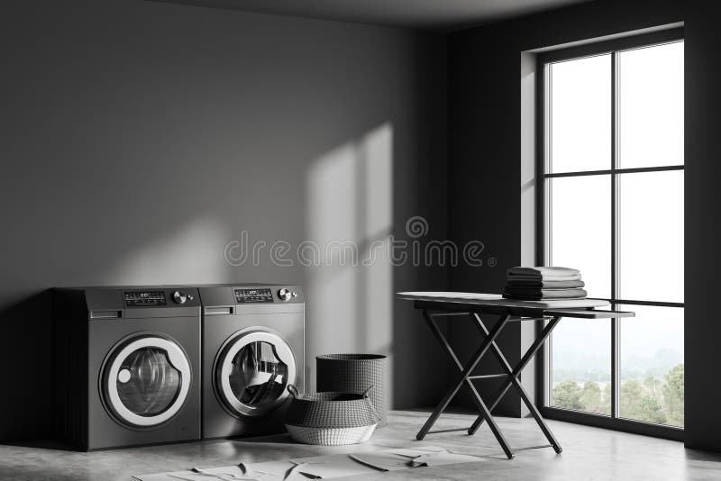 Grey Laundry Interior with Washing Machine and Window. Mock Up Empty ...
