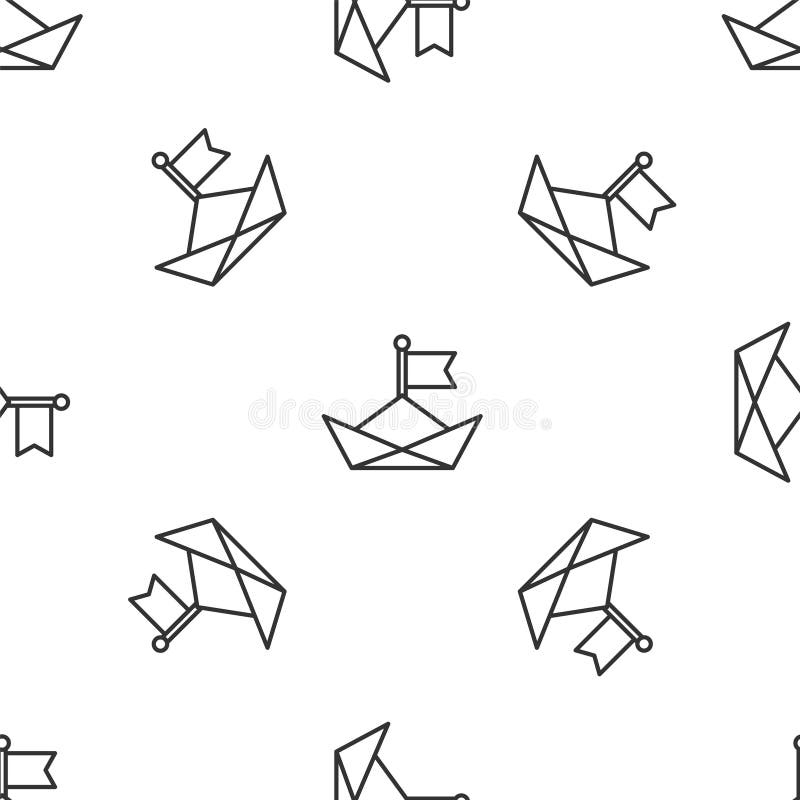 Grey Line Folded Paper Boat Icon Isolated Seamless Pattern on White ...