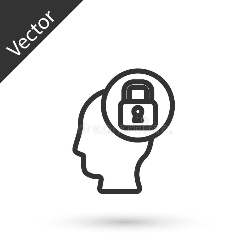 Grey Line Human Head with Lock Icon Isolated on White Background ...
