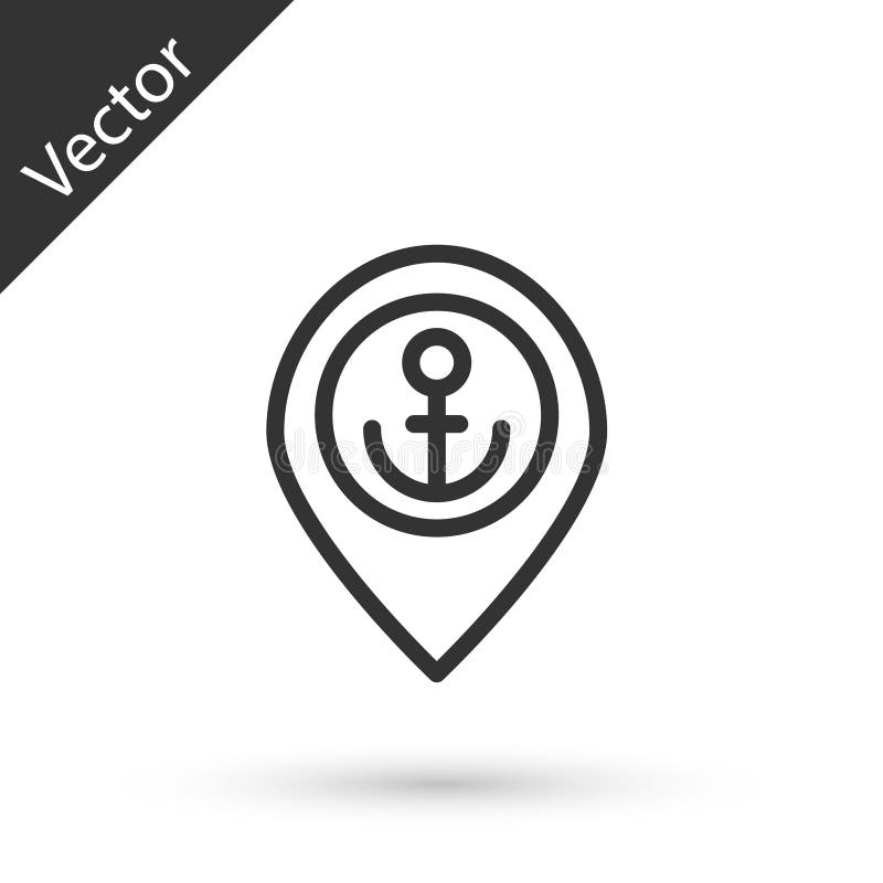 Grey Line Map Pointer with Anchor Icon Isolated on White Background ... Grey Line Map Pointer with Anchor Icon Isolated on White Background ...
