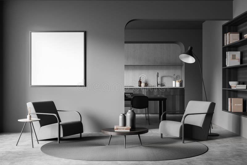 Grey Living Room with Square Frame and Kitchen Stock Illustration ...