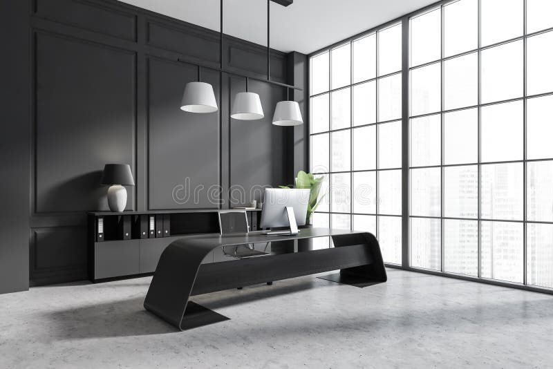 Grey Manager Interior with Work Table, Cabinet and Panoramic Window ...