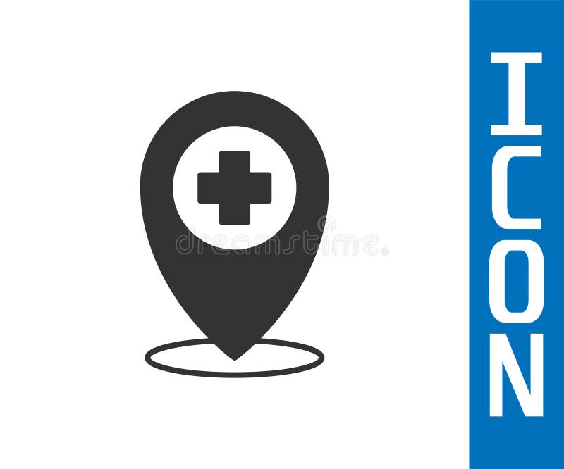 Grey Medical Map Pointer with Cross Hospital Icon Isolated on White ...