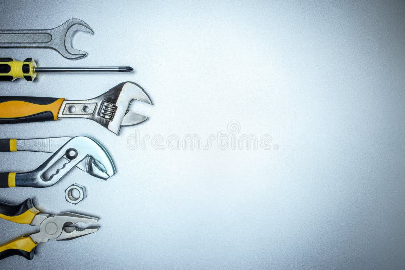 Set of Different Hand Tools on Grey Background Stock Photo - Image of ...