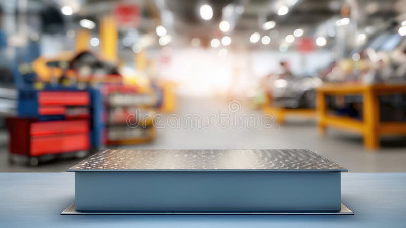 Metal Display Platform in an Auto Repair Shop Background Stock ...