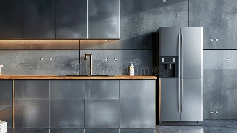 Grey Metallic Kitchen Interior with Sink and Refrigerator, Side View ...