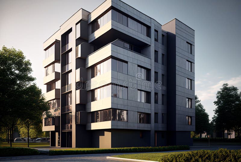 Grey Modern Contemporary Design Building Concrete with Tree Real Estate ...