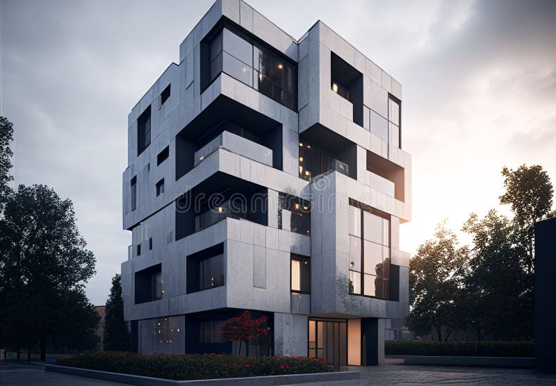 Grey Modern Contemporary Design Building Concrete with Tree Real Estate ...