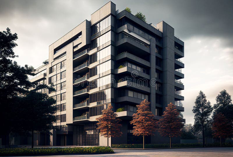 Grey Modern Contemporary Design Building Concrete with Tree. Real ...