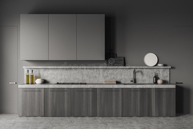 Grey Modern Home Kitchen Interior with Bar Counter and Cooking Area ...