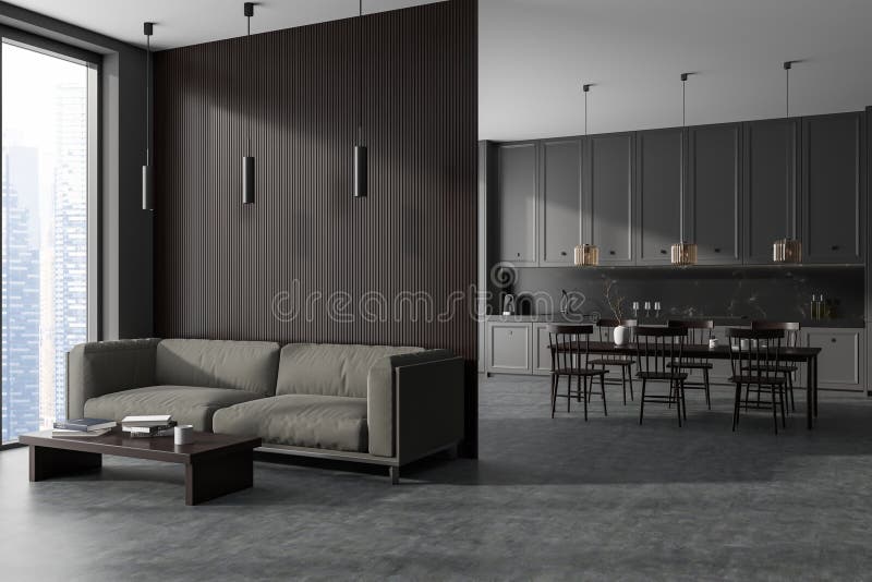 Grey Modern Studio Interior with Couch and Eating Area, Panoramic ...