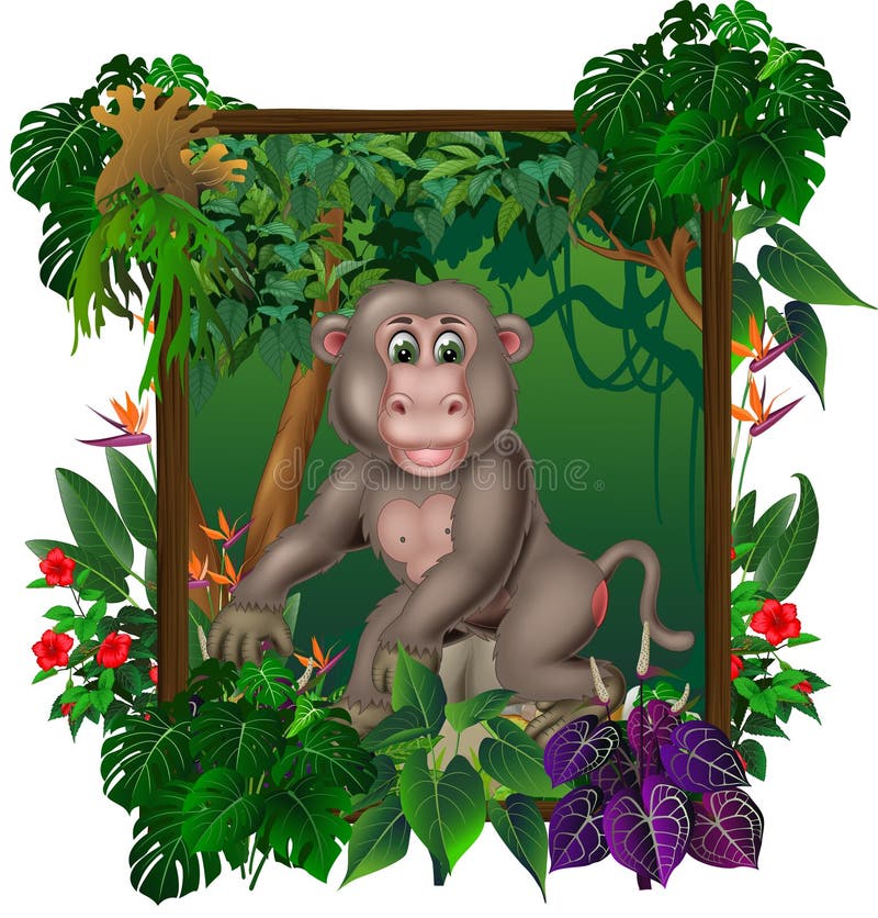 Grey Monkey in Forest with Tropical Plant and Flower Cartoon Stock ...
