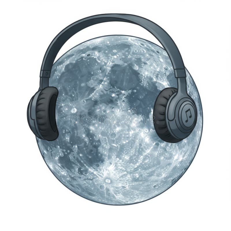 Grey Moon Wearing Headphones Digital Art Stock Illustration - Illustration of satellite ...