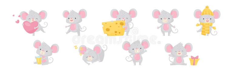 Grey Mouse Character with Huge Ears Engaged in Different Activity ...