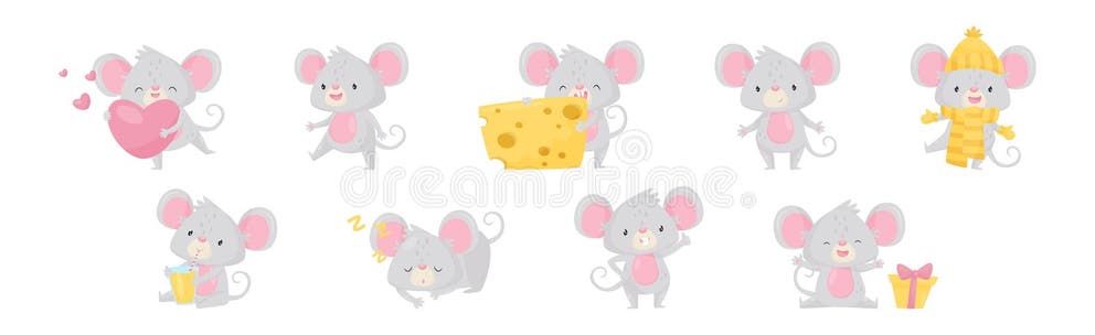 Grey Mouse Character with Huge Ears Engaged in Different Activity ...